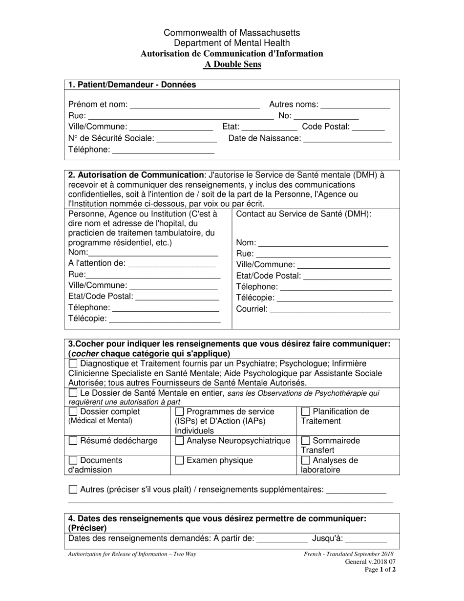 Massachusetts Authorization for Release of Information - Two Way (French) - Fill Out, Sign ...