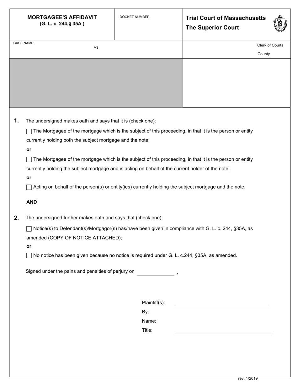 Massachusetts Mortgagee's Affidavit (G. L. C. 244, Section 35a) - Fill ...