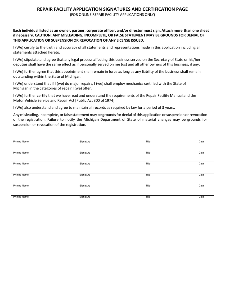 Michigan Repair Facility Application Signatures and Certification Page ...