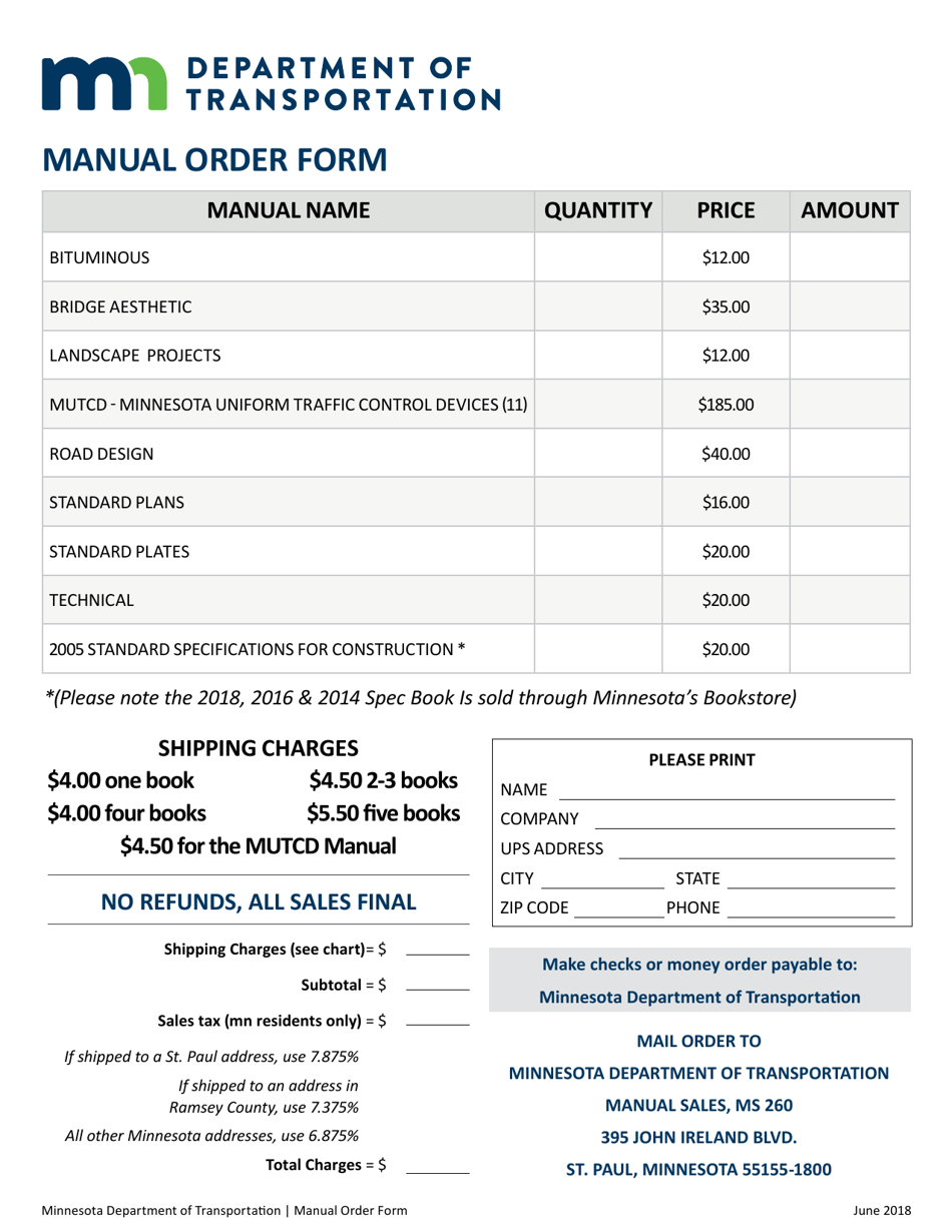 Minnesota Manual Order Form - Fill Out, Sign Online and Download PDF ...