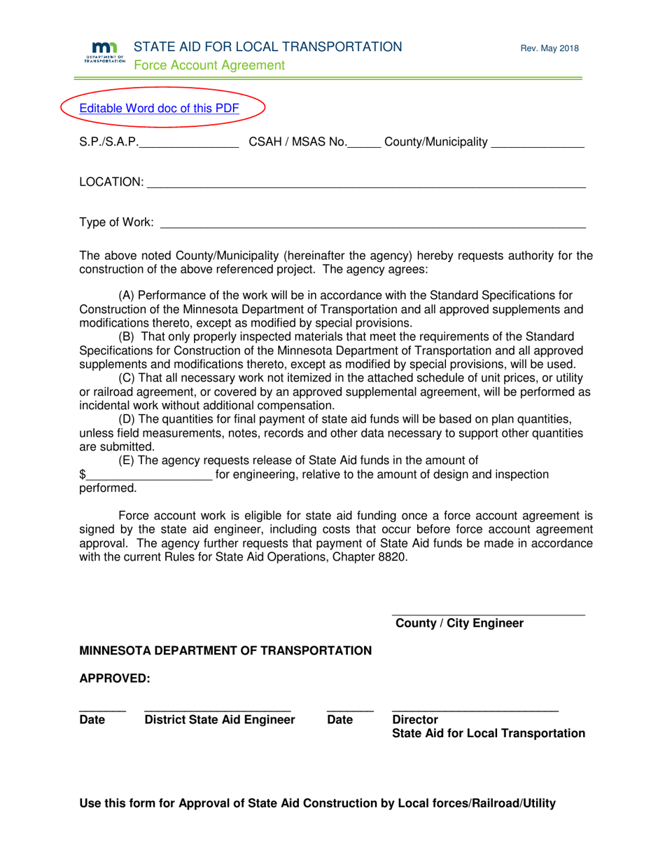 Minnesota Force Account Agreement Download Printable PDF | Templateroller