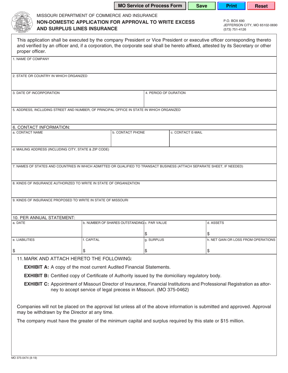 Form MO375-0474 Download Fillable PDF or Fill Online Non-domestic Application for Approval to ...