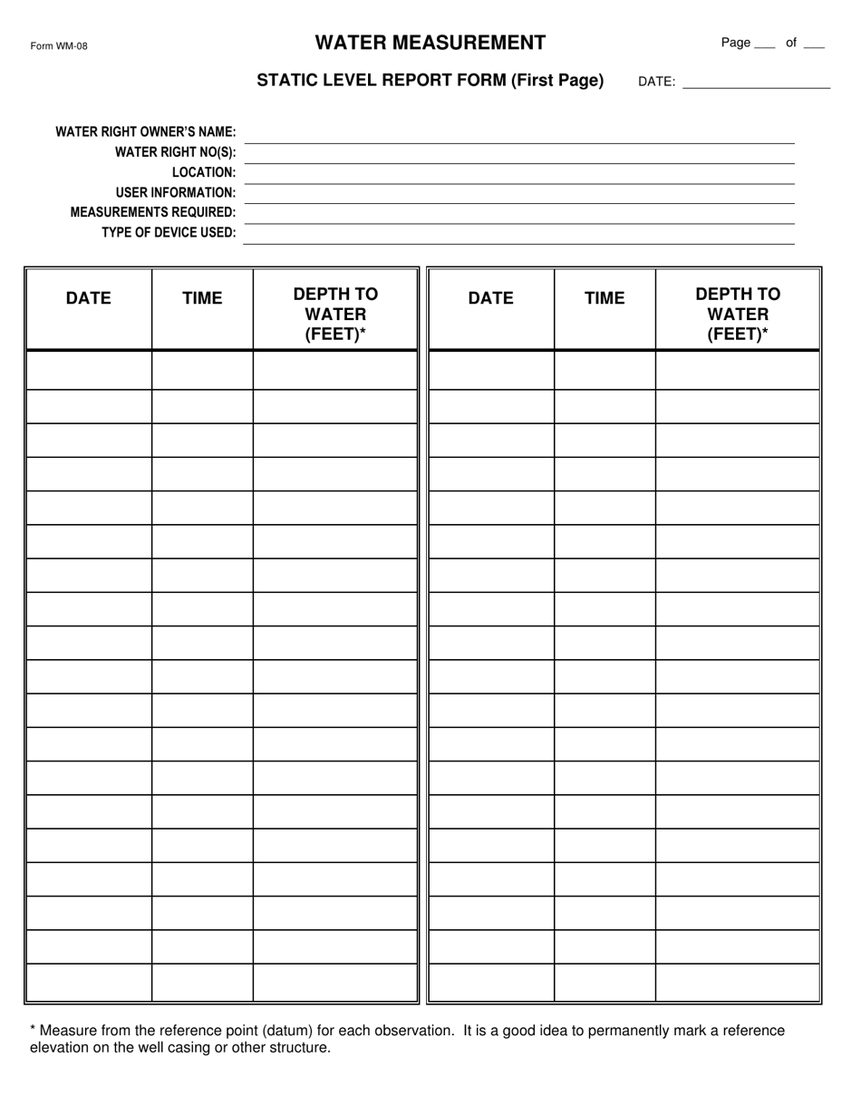 Form WM-08 Download Fillable PDF or Fill Online Static Level Report ...