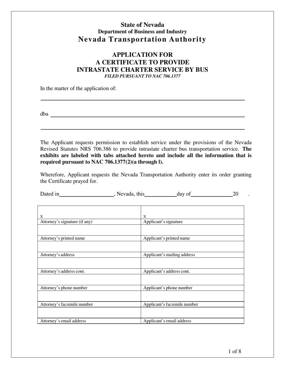Nevada Application for a Certificate to Provide Intrastate Charter Service by Bus - Fill Out ...