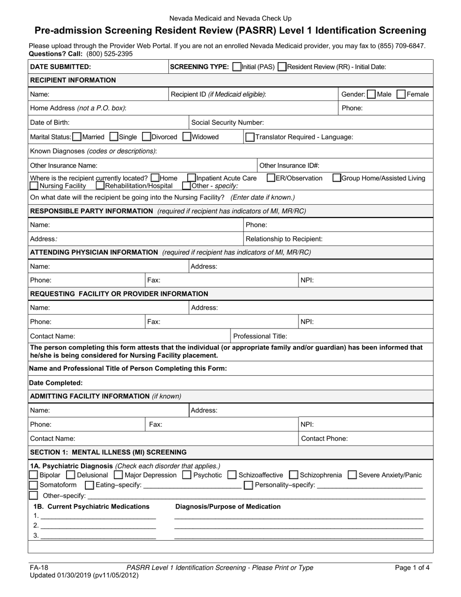 Form FA-18 - Fill Out, Sign Online and Download Fillable PDF, Nevada ...