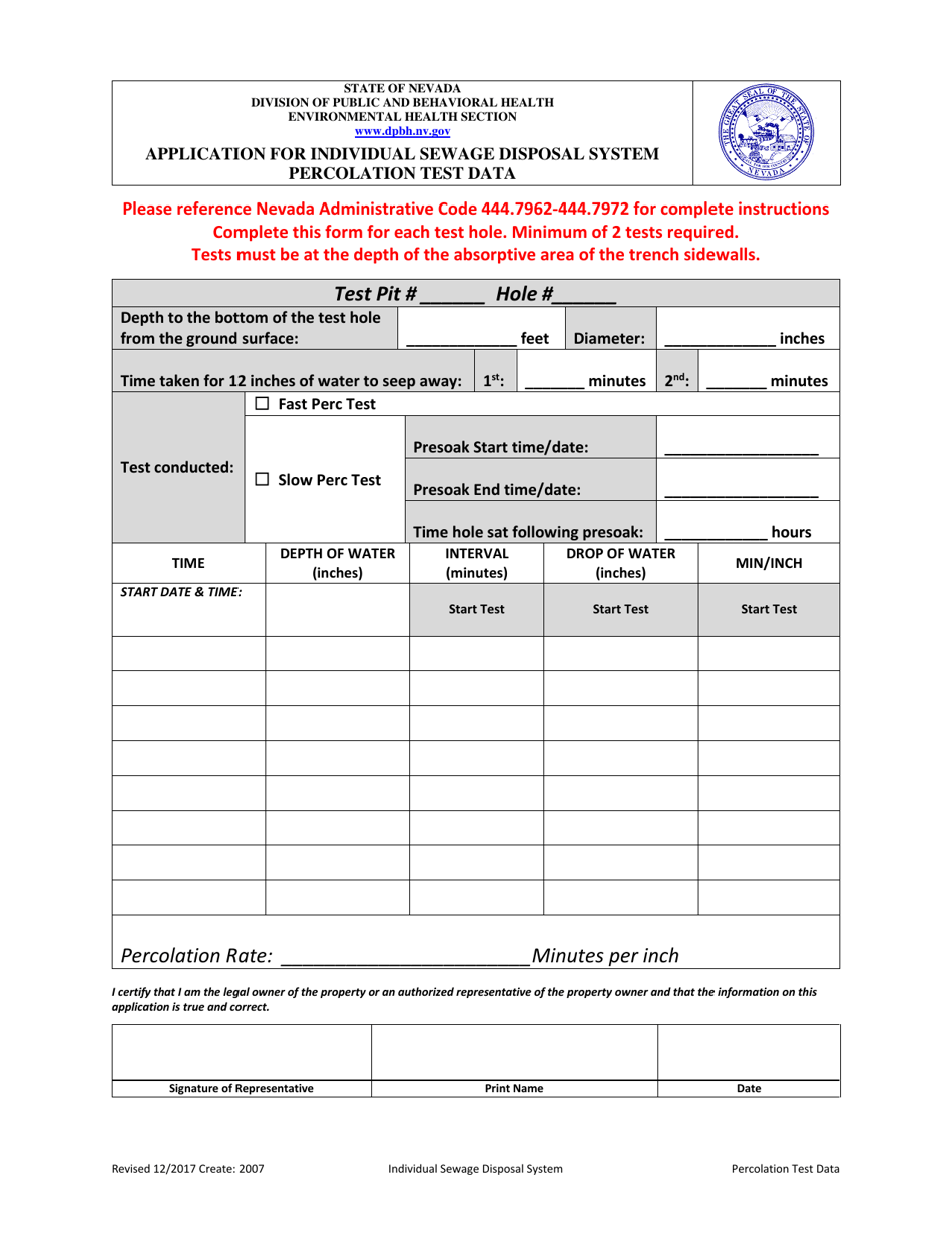 Nevada Application for Individual Sewage Disposal System Percolation ...