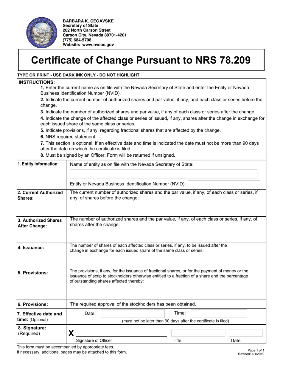 Nevada Certificate of Change Pursuant to Nrs 78.209 - Fill Out, Sign ...