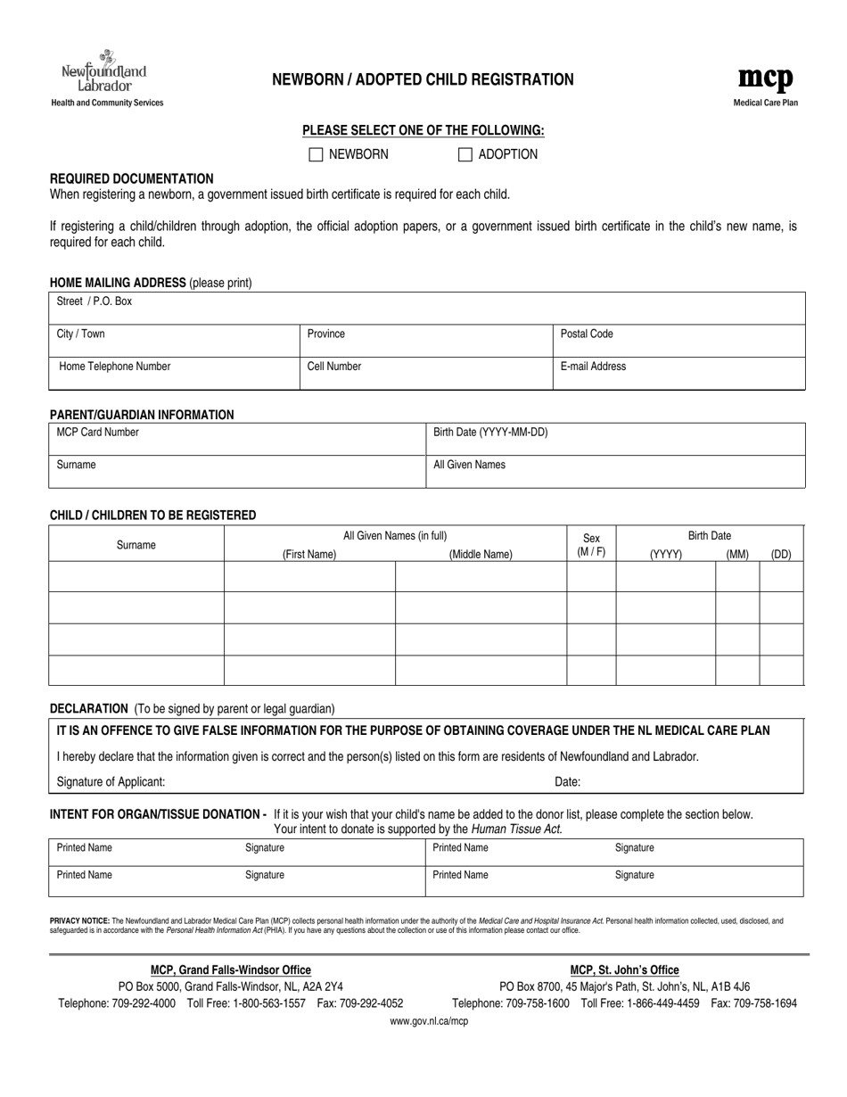 Newfoundland and Labrador Canada Newborn/Adopted Child Registration ...