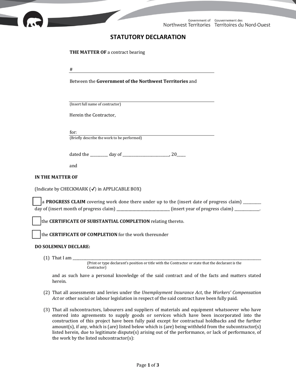 Northwest Territories Canada Statutory Declaration - Fill Out, Sign Online and Download PDF ...