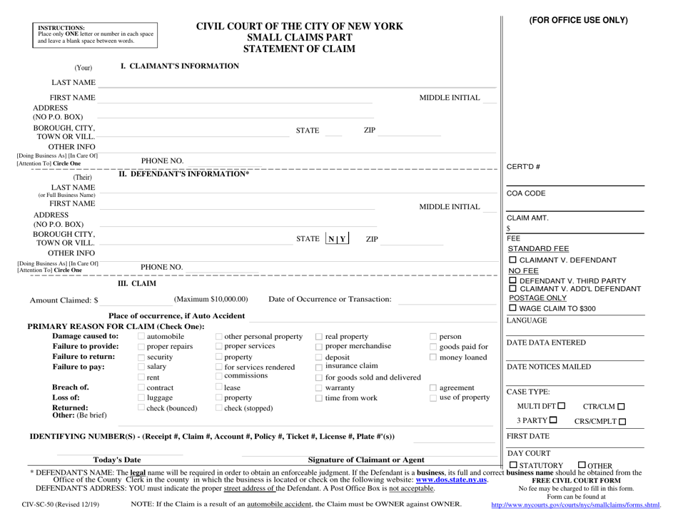 Form CIV-SC-50 - Fill Out, Sign Online and Download Fillable PDF, New York City | Templateroller