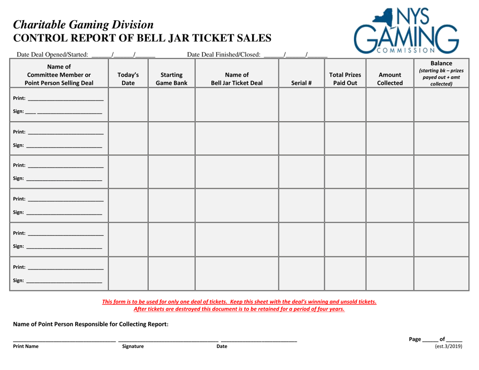 New York Control Report of Bell Jar Ticket Sales Download Printable PDF ...