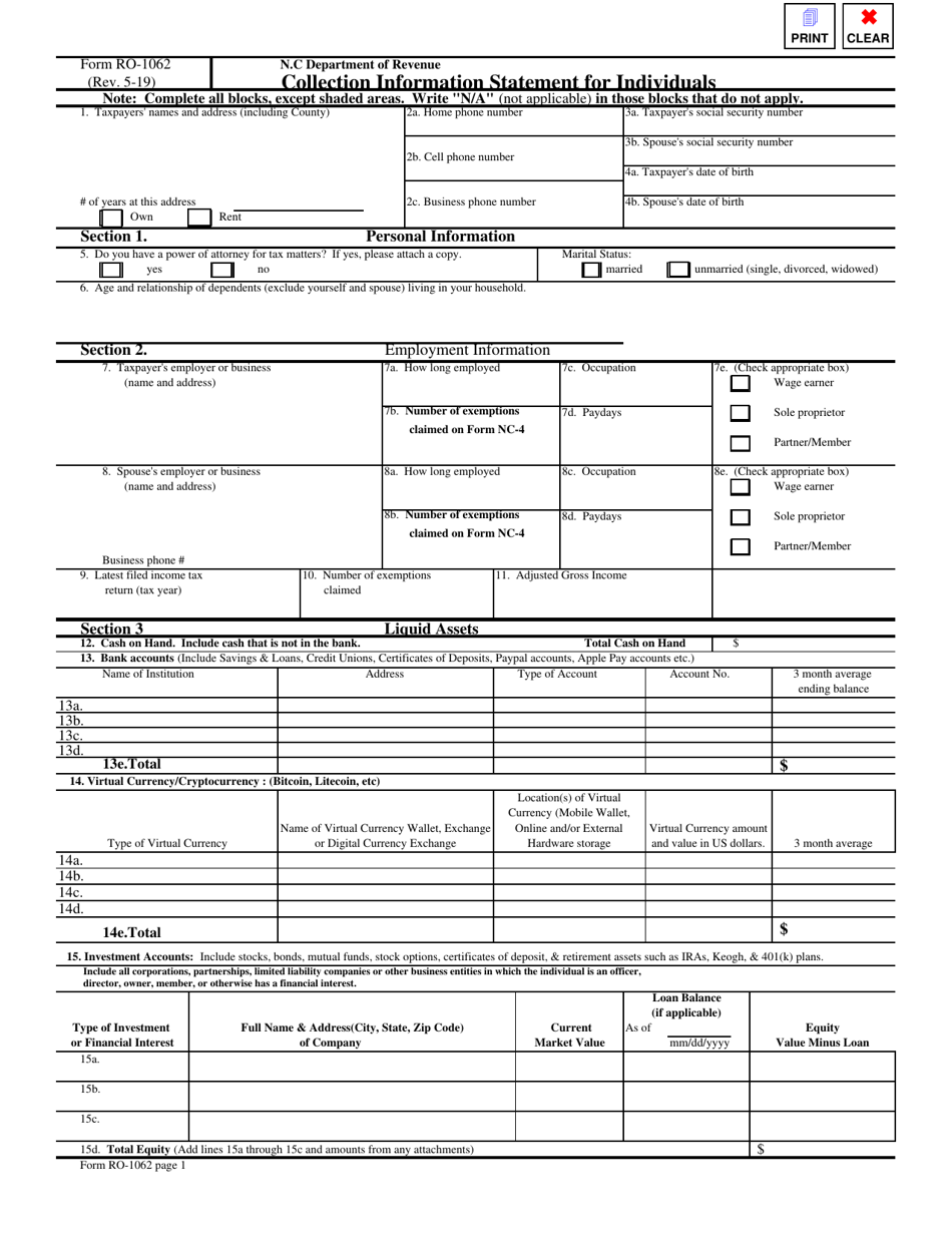 Form RO-1062 - Fill Out, Sign Online and Download Fillable PDF, North ...