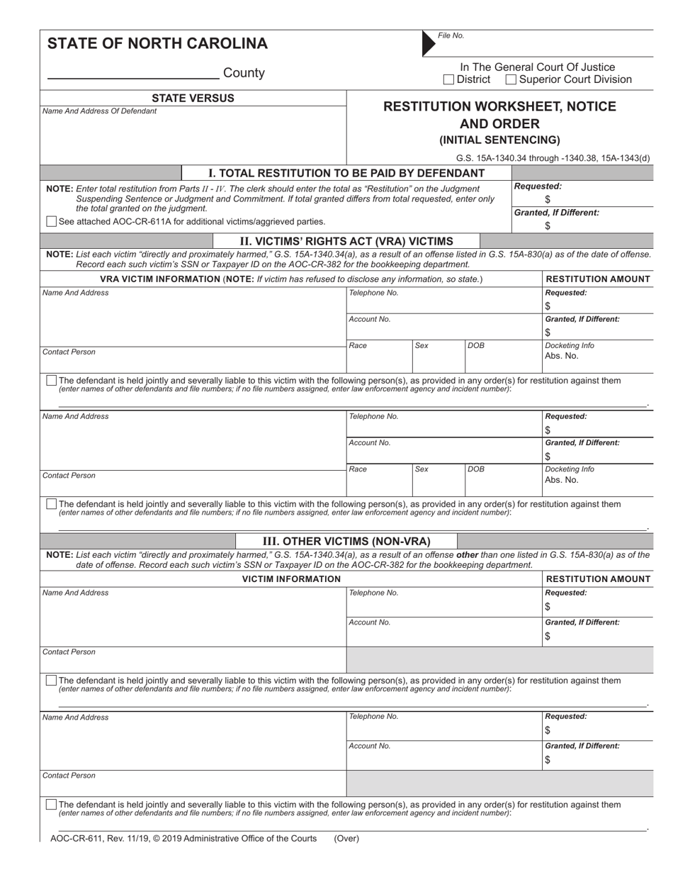 Form AOC-CR-611 Download Fillable PDF or Fill Online Restitution ...