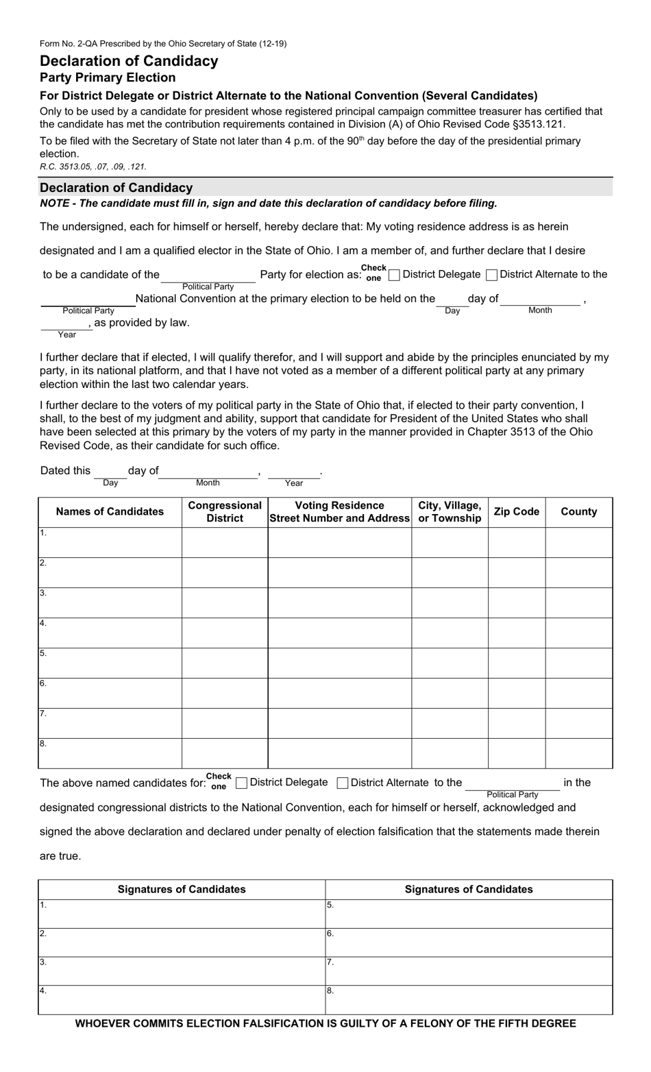 Form 2-QA Download Fillable PDF or Fill Online Declaration of Candidacy ...