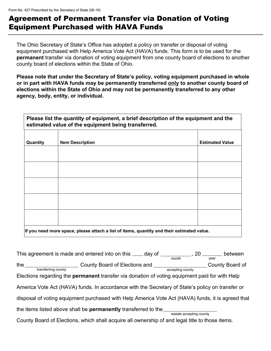 Form 427 Download Fillable PDF or Fill Online Agreement of Permanent ...