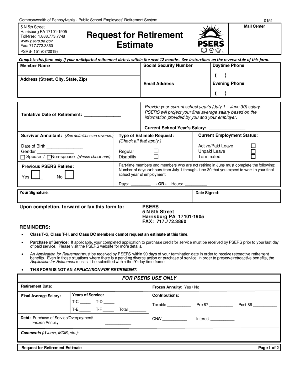 Form PSRS-151 Download Fillable PDF or Fill Online Request for ...