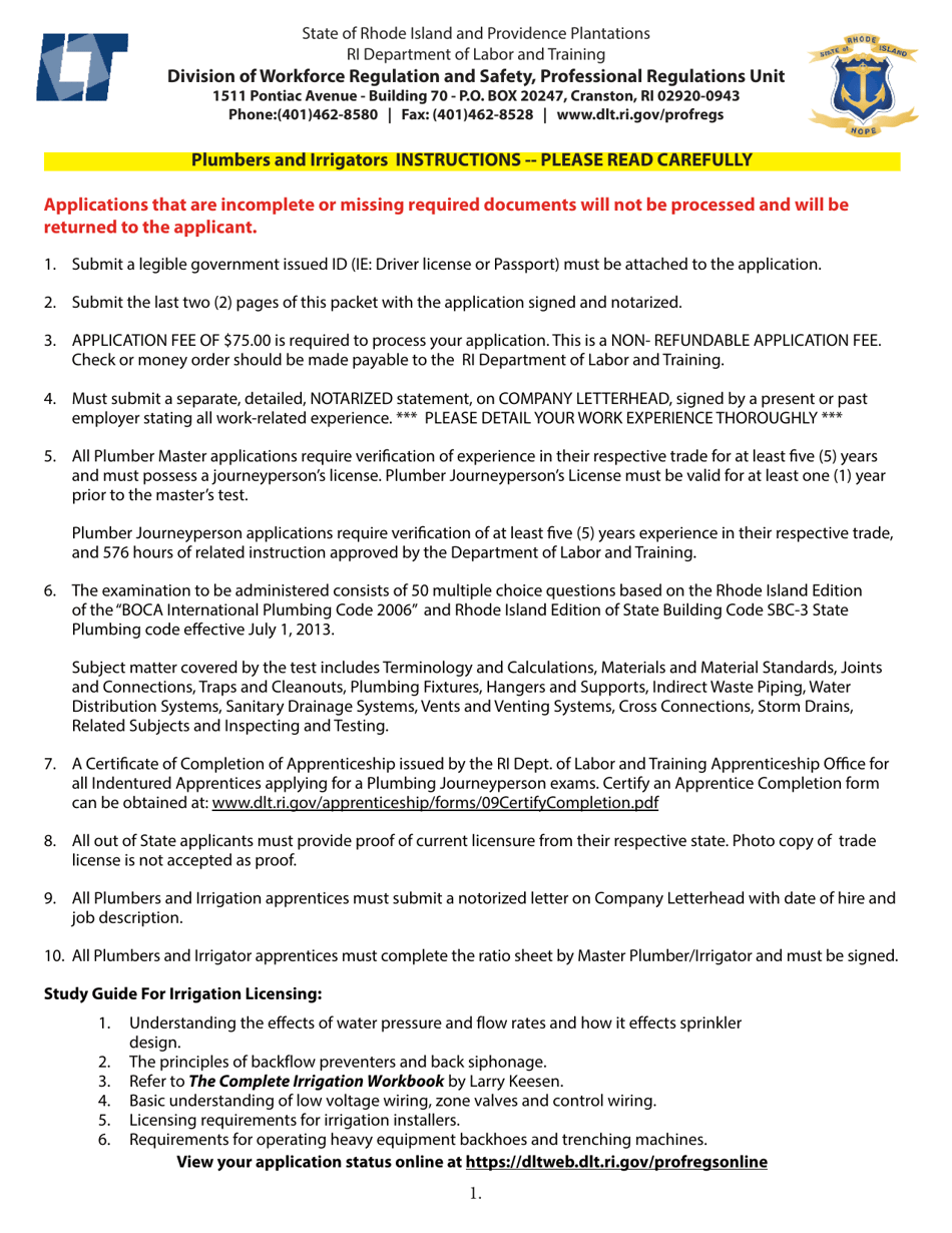 Rhode Island Plumbing and Irrigating Application Form (English/Spanish ...