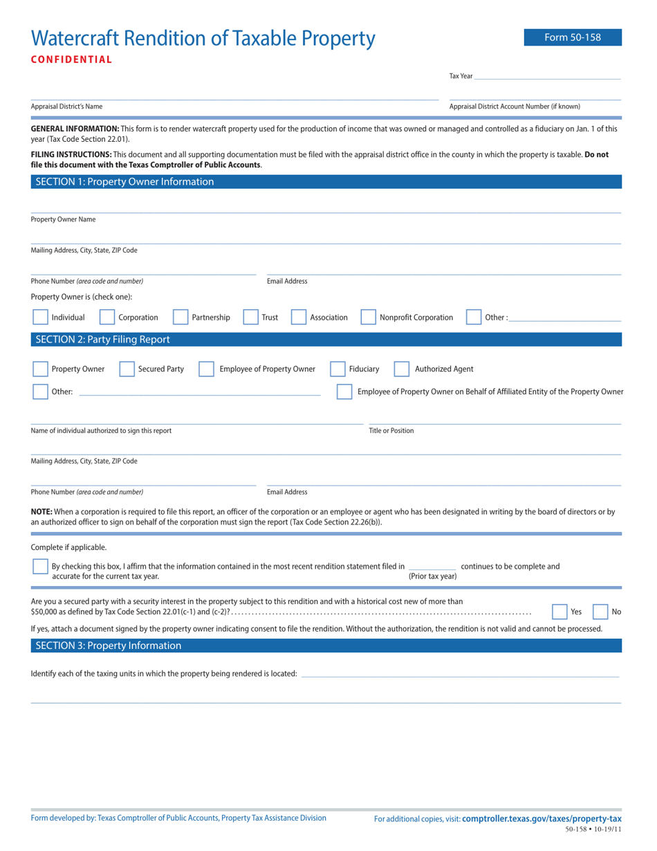 Form 50-158 Download Fillable PDF or Fill Online Watercraft Rendition ...