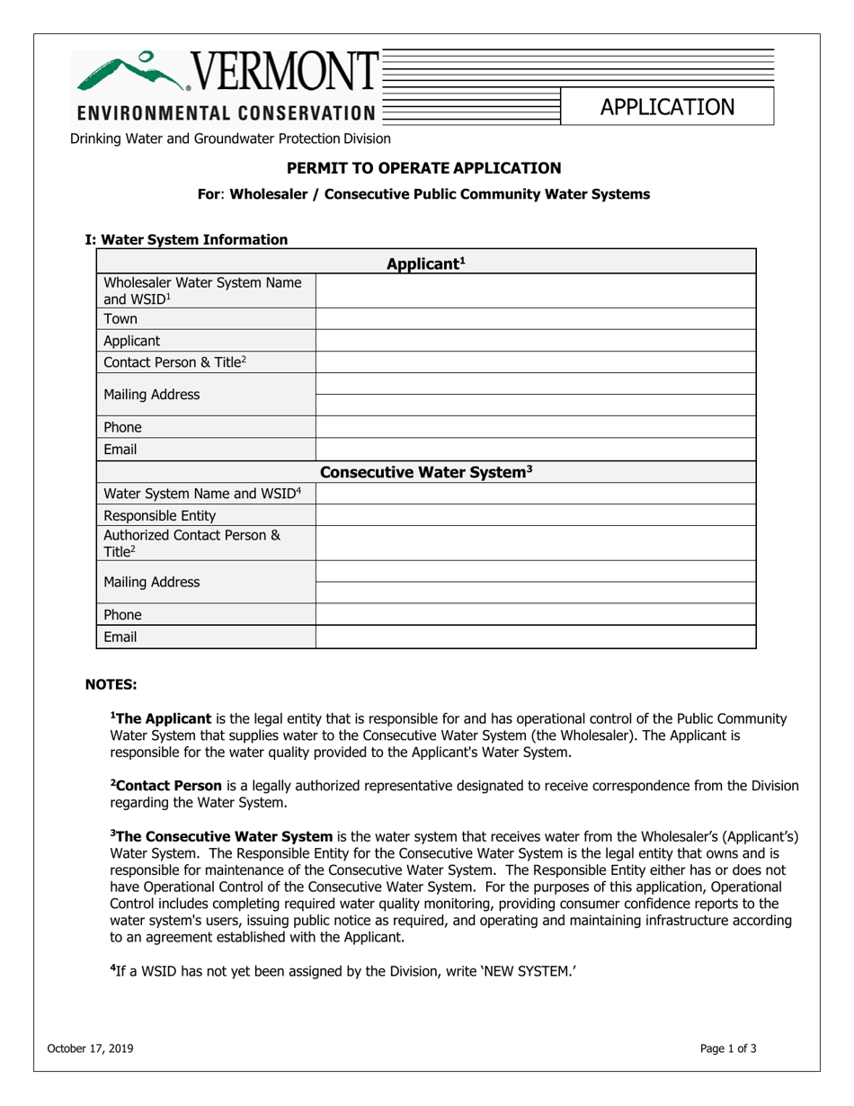 Vermont Permit to Operate Application for Wholesaler/Consecutive Public ...