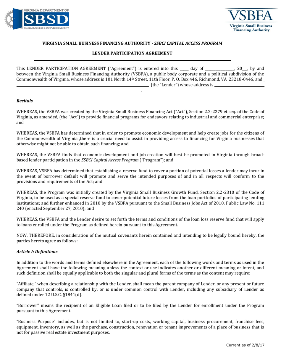 Virginia Ssbci CAP Lender's Participation Agreement - Fill Out, Sign ...
