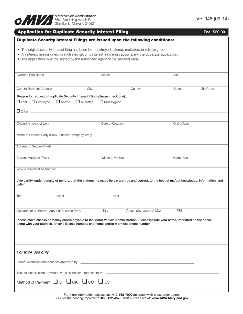 Form VR-048 - Fill Out, Sign Online and Download Fillable PDF, Maryland ...