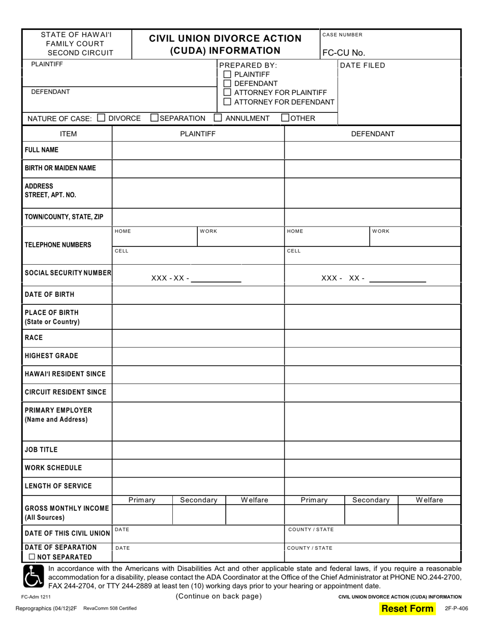 Form 2F-P-406 - Fill Out, Sign Online and Download Fillable PDF, Hawaii ...