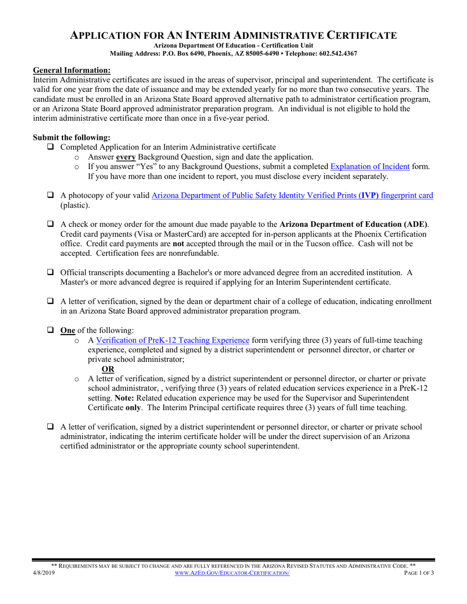 Arizona Application for an Interim Administrative Certificate - Fill ...