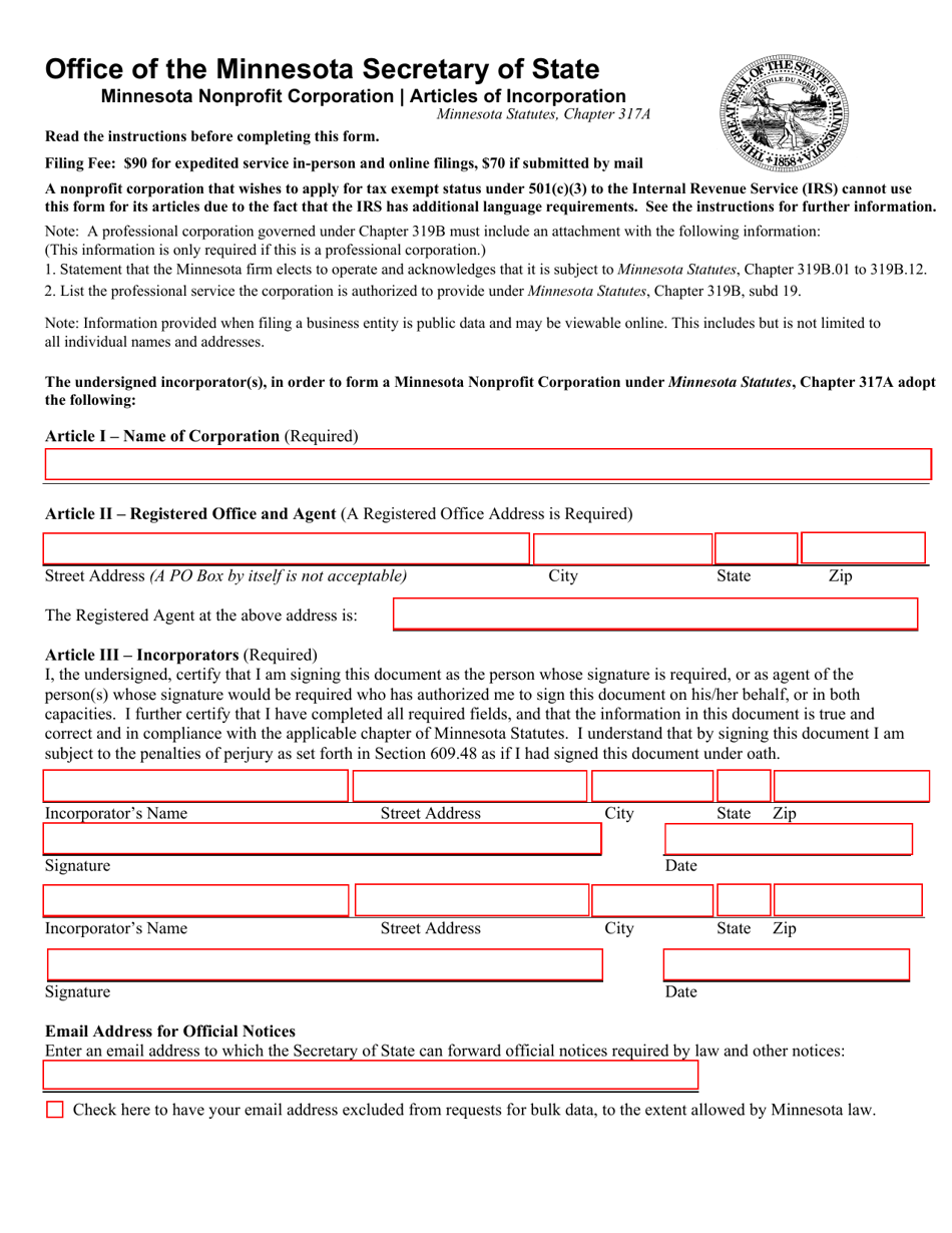 Minnesota Articles of Incorporation for a Minnesota Nonprofit ...