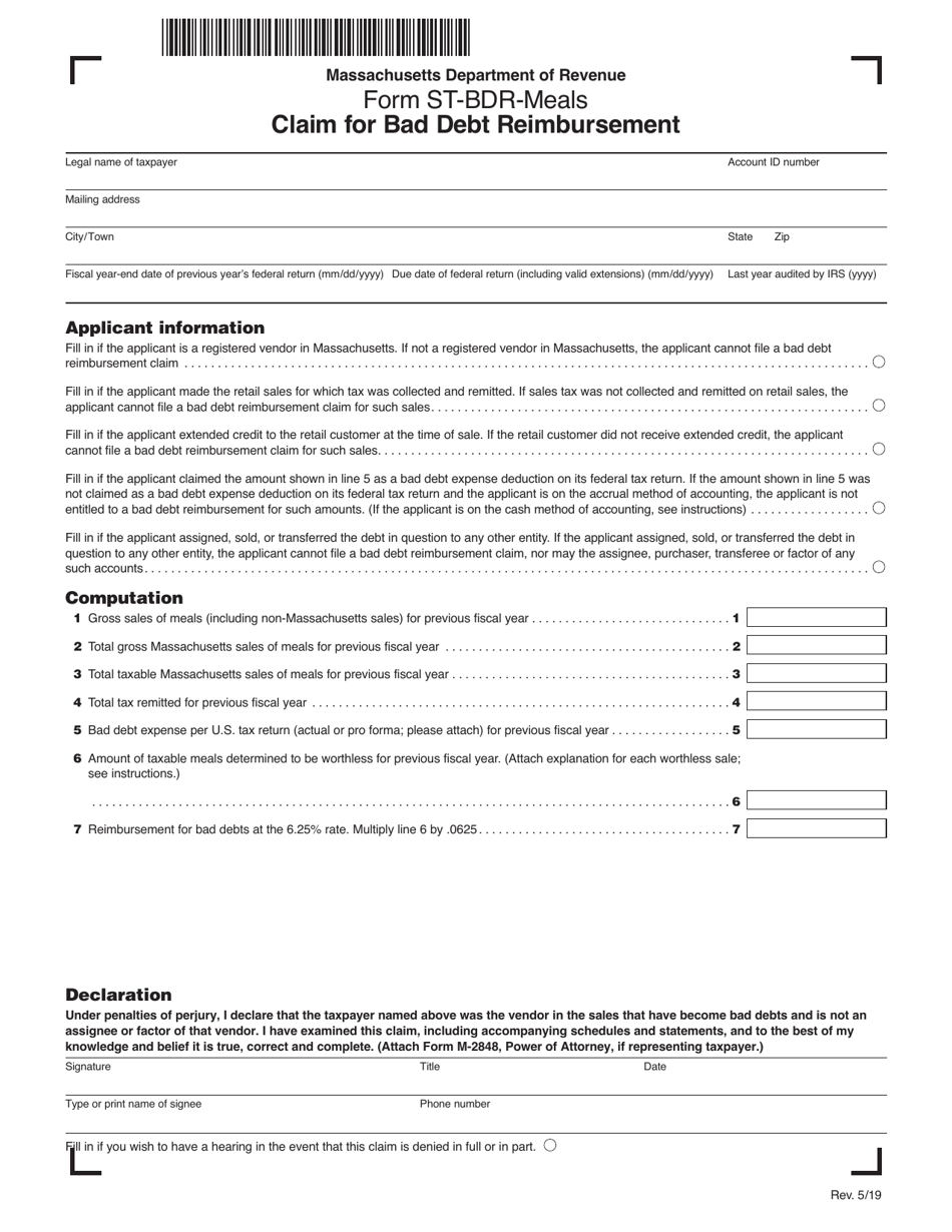Form ST-BDR-MEALS Download Printable PDF or Fill Online Claim for Bad ...