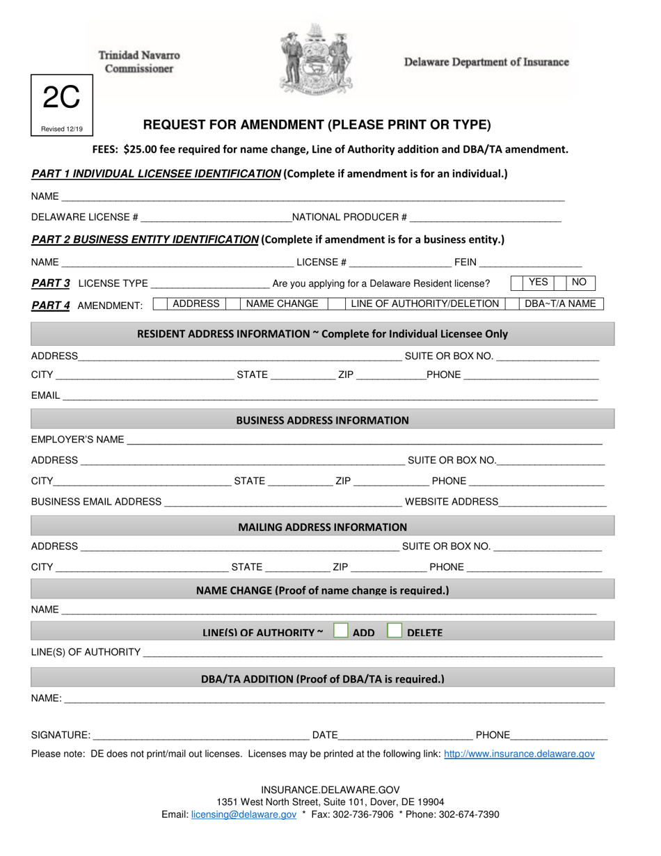 Form 2C Download Fillable PDF or Fill Online Request for Amendment ...