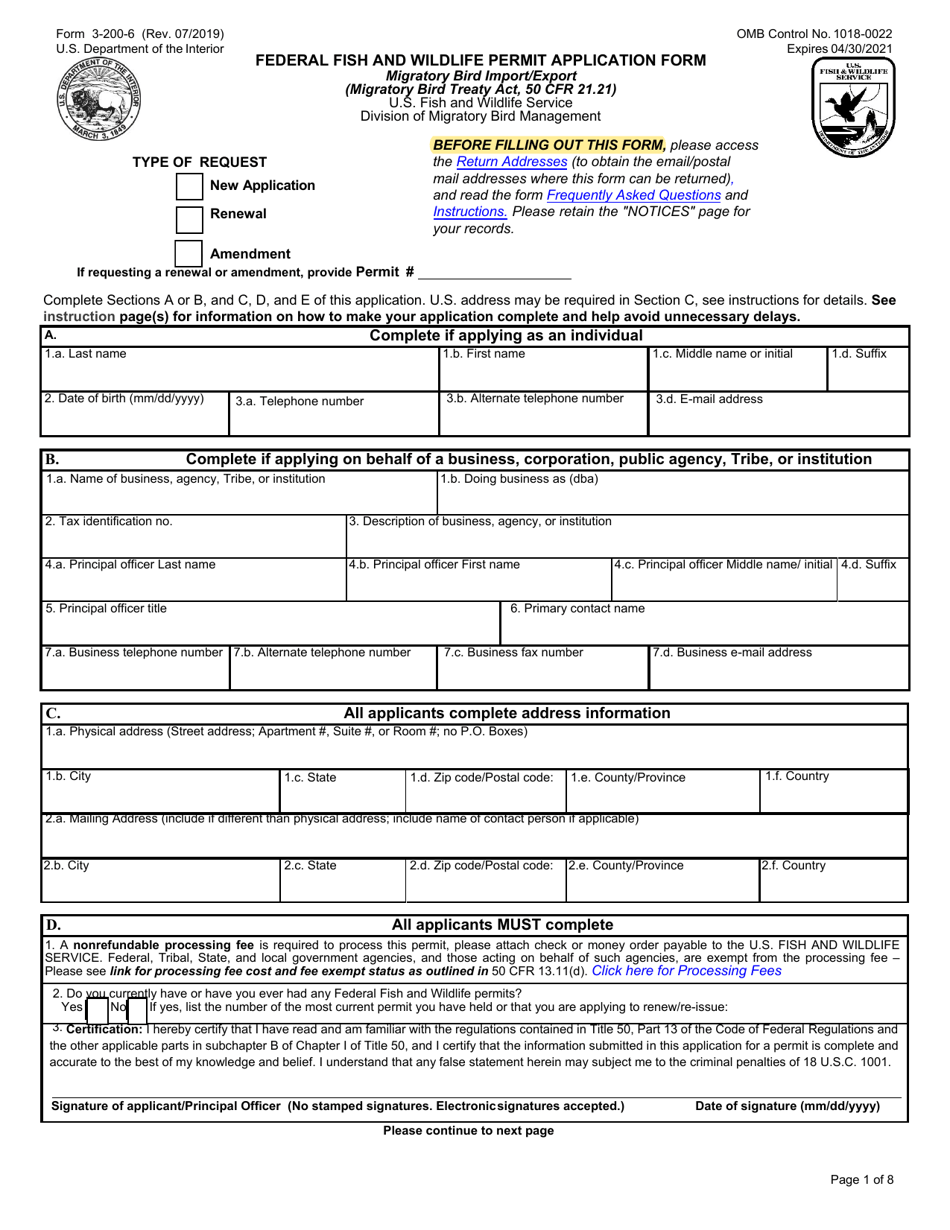 FWS Form 3-200-6 Download Fillable PDF or Fill Online Federal Fish and Wildlife Permit ...