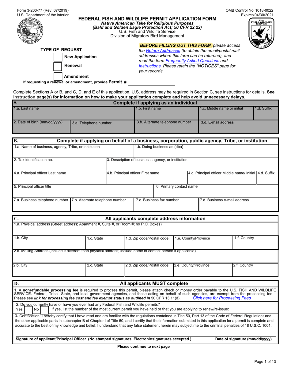FWS Form 3-200-77 Download Fillable PDF or Fill Online Federal Fish and ...