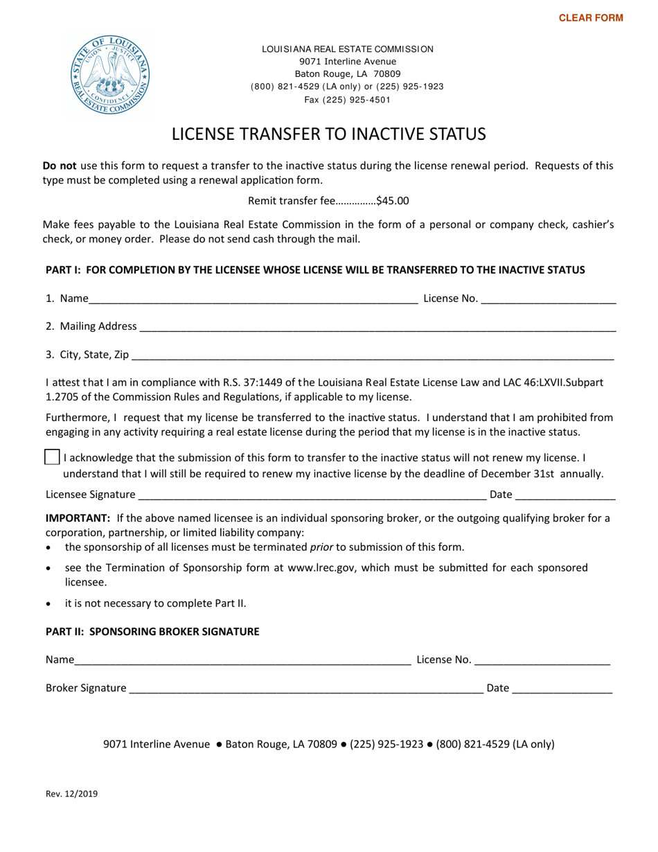 Louisiana License Transfer to Inactive Status Download Fillable PDF ...