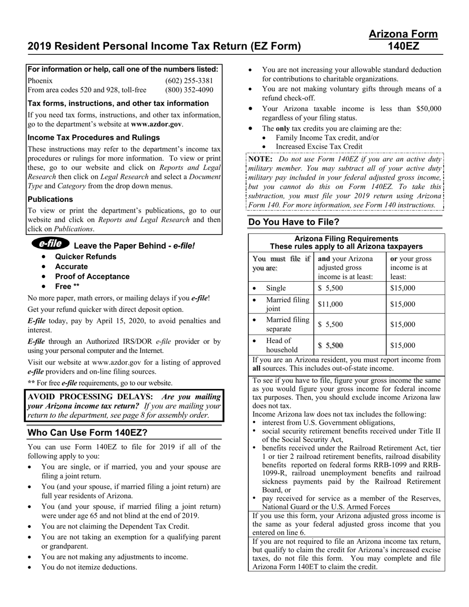 Download Instructions for Arizona Form 140EZ, ADOR10534 Resident ...