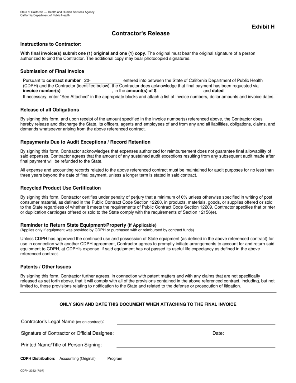 Form CDPH2352 Exhibit H - Fill Out, Sign Online and Download Printable PDF, California ...
