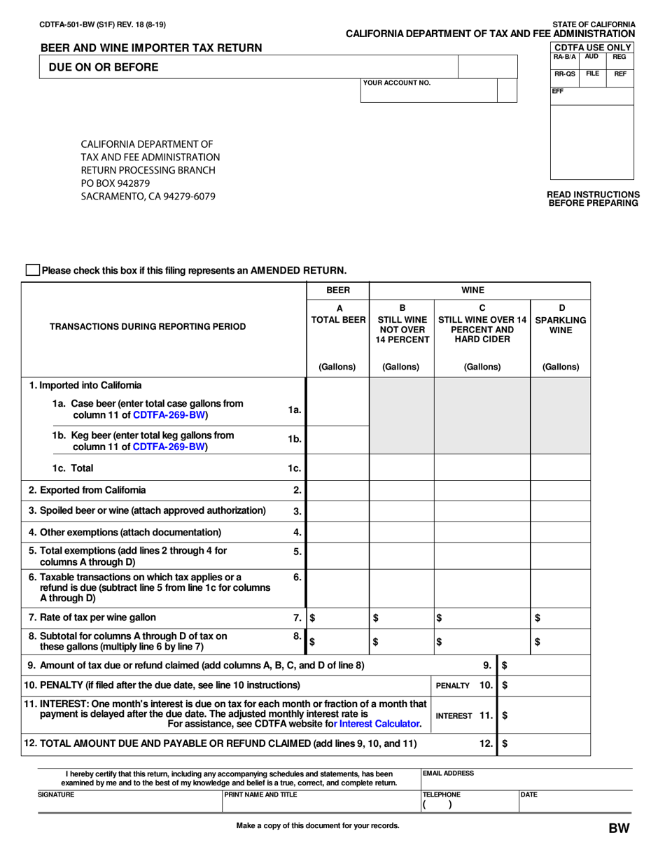 Form CDTFA-501-BW Download Fillable PDF or Fill Online Beer and Wine ...
