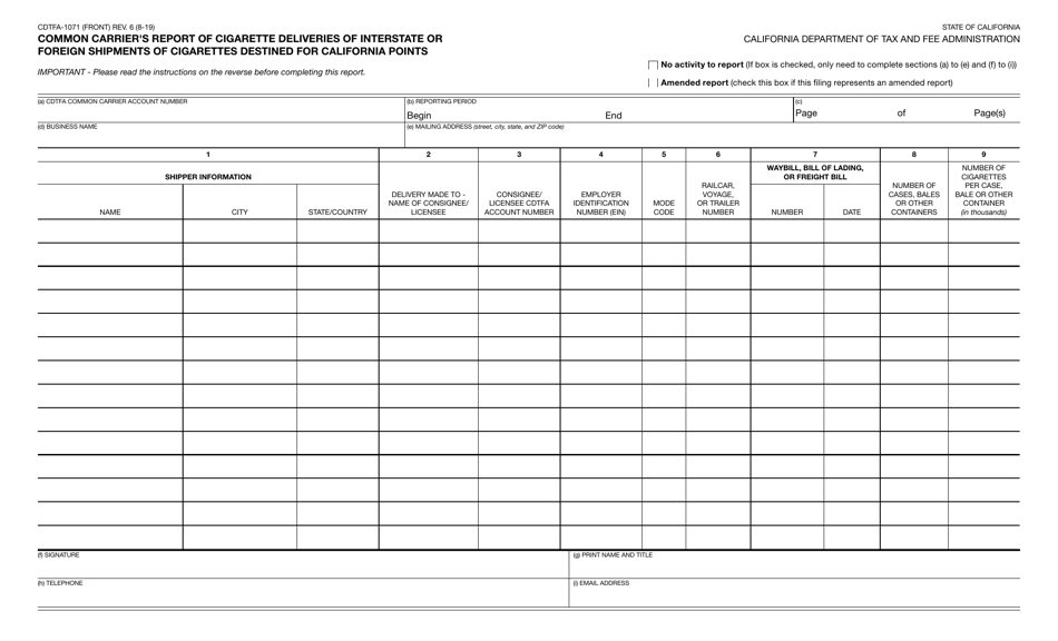 Form CDTFA-1071 Download Fillable PDF or Fill Online Common Carrier's ...