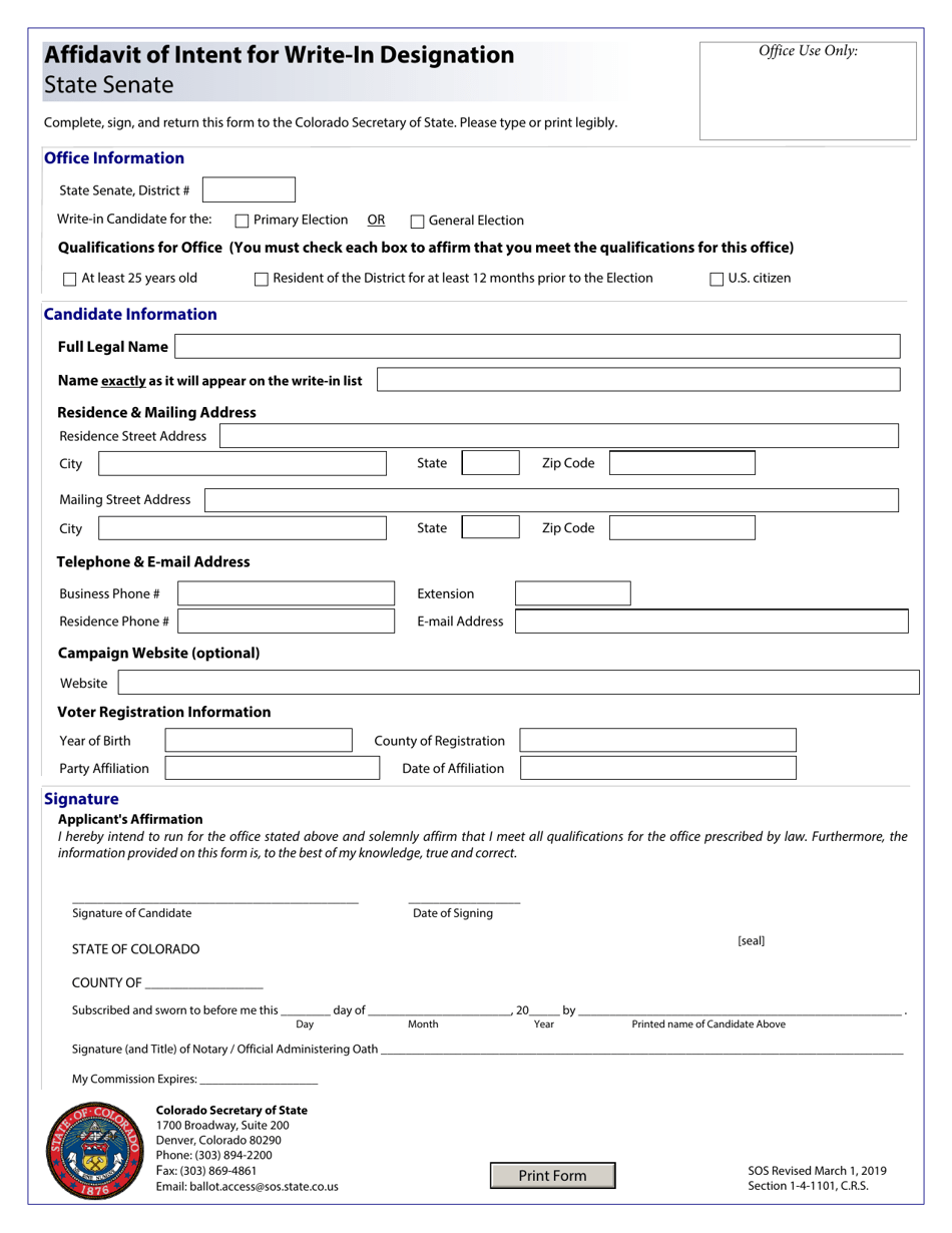 Colorado Affidavit of Intent for Write-In Designation - State Senate ...