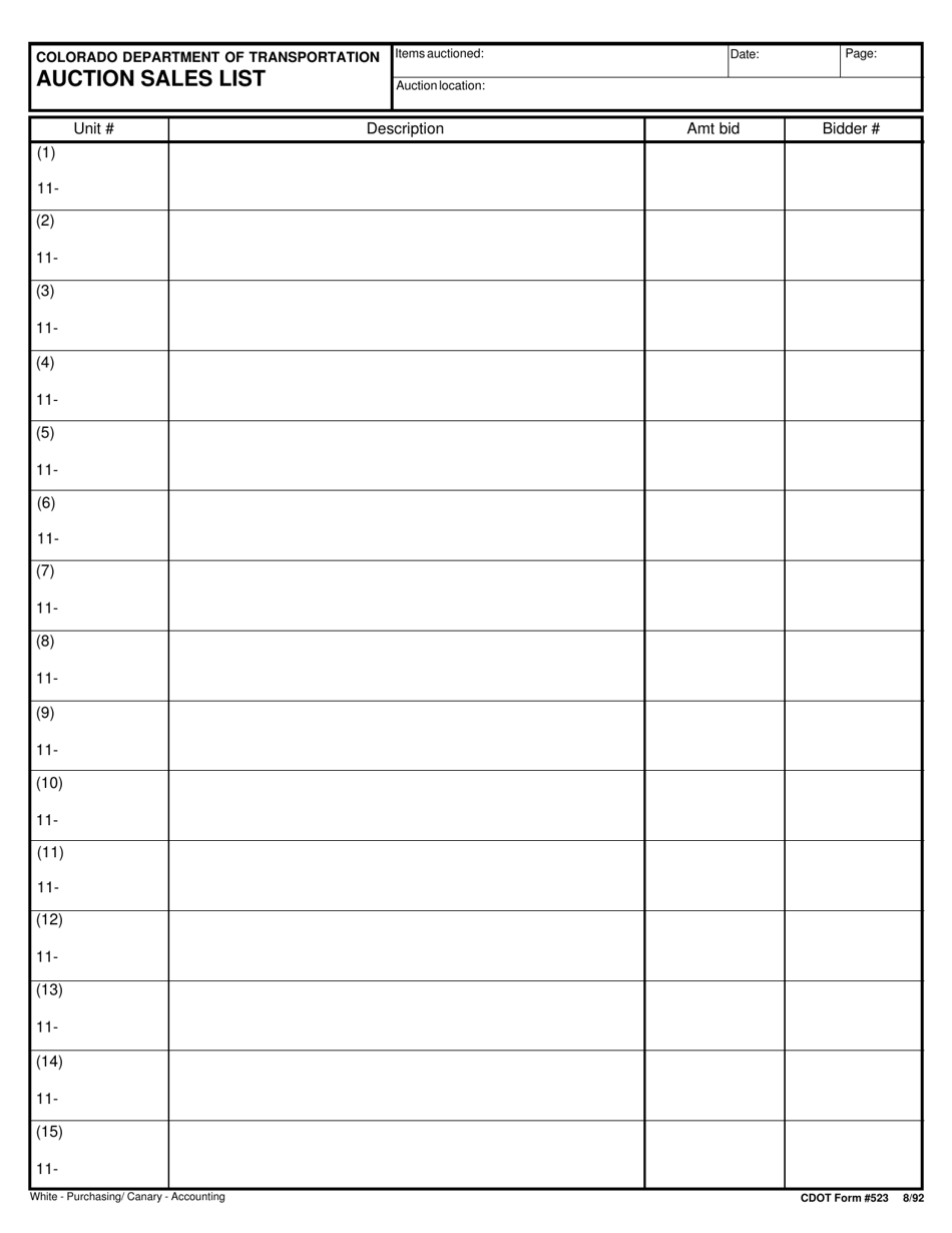 CDOT Form 523 Download Printable PDF or Fill Online Auction Sales List ...