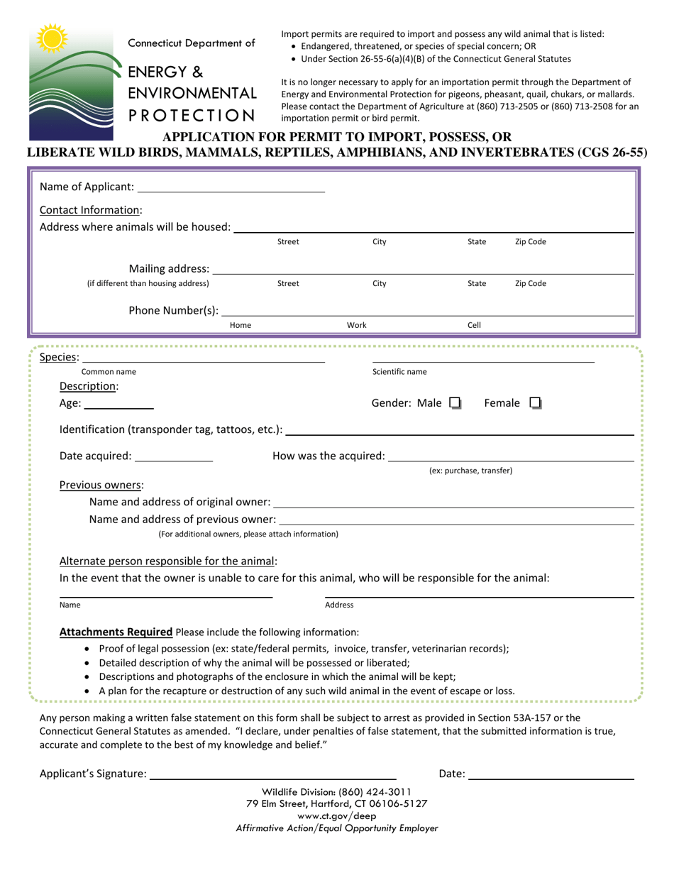 Connecticut Application for Permit to Import, Possess, or Liberate Wild ...