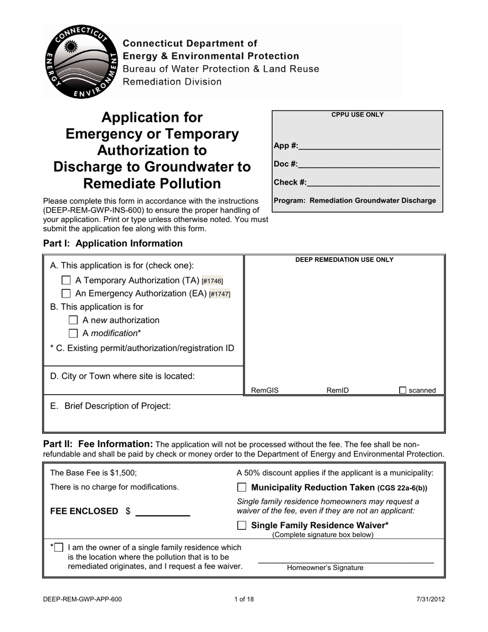 Form DEEP-REM-GWP-APP-600 - Fill Out, Sign Online and Download ...