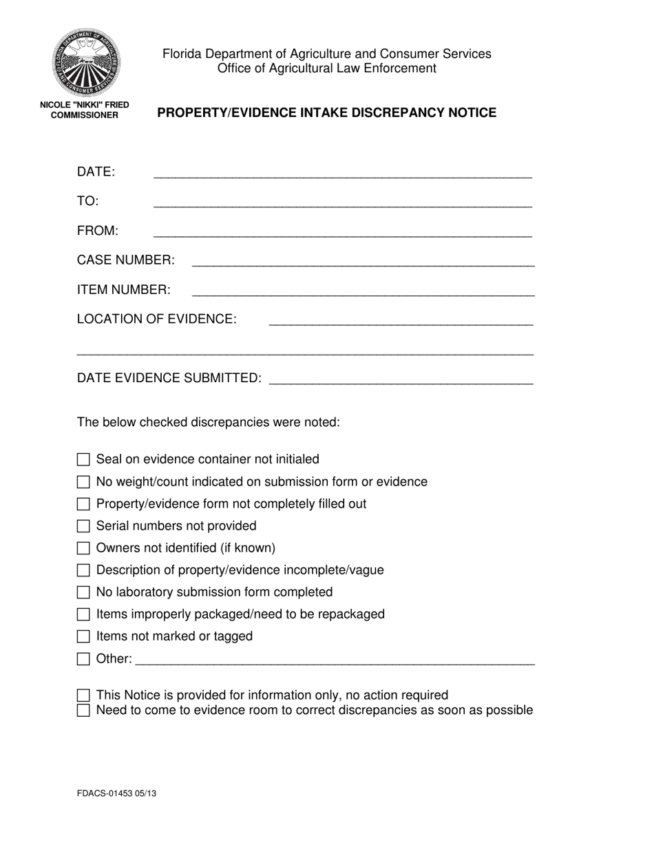 Form FDACS-01453 Download Fillable PDF or Fill Online Property/Evidence ...