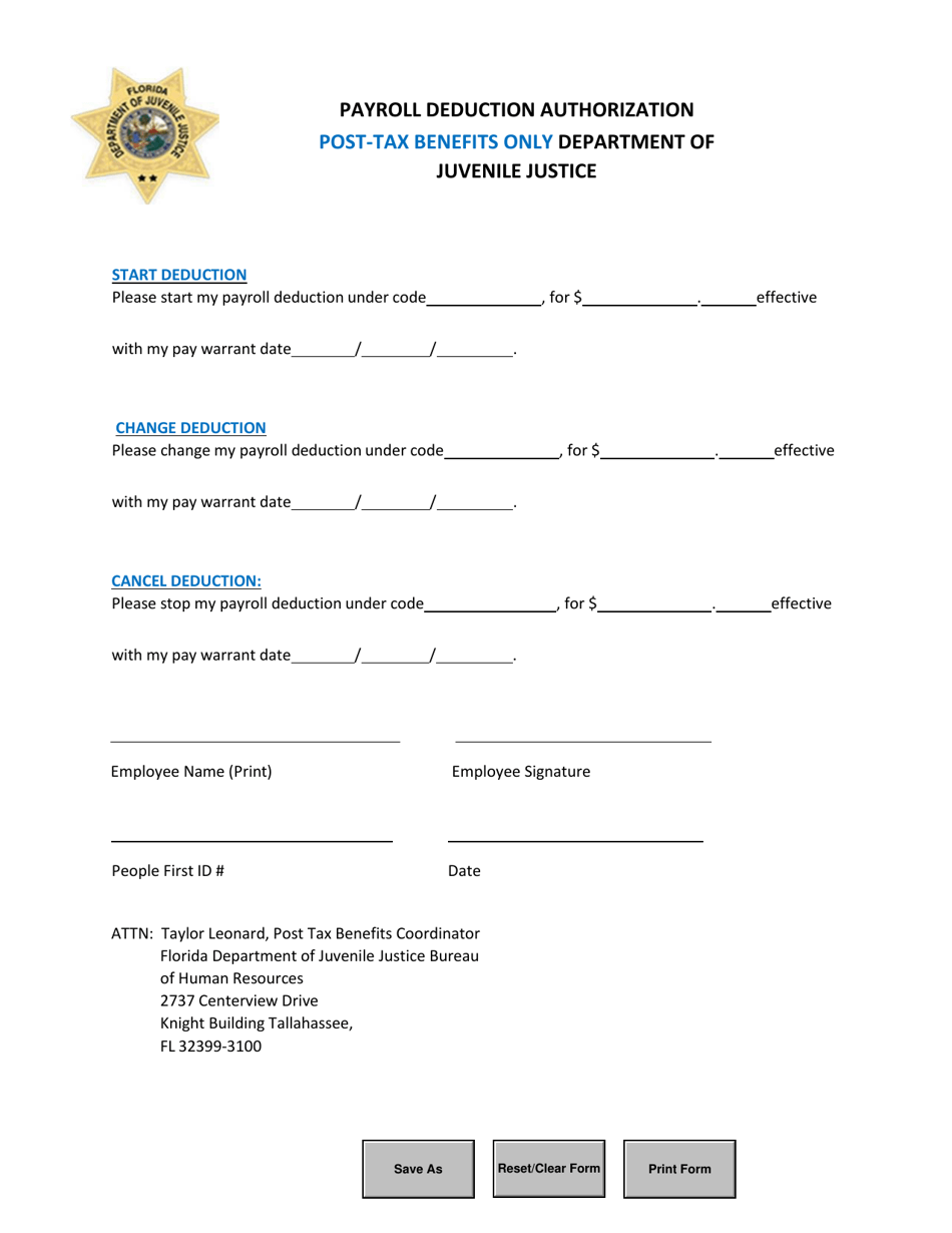 Florida Payroll Deduction Authorization - Post-tax Benefits Only - Fill ...