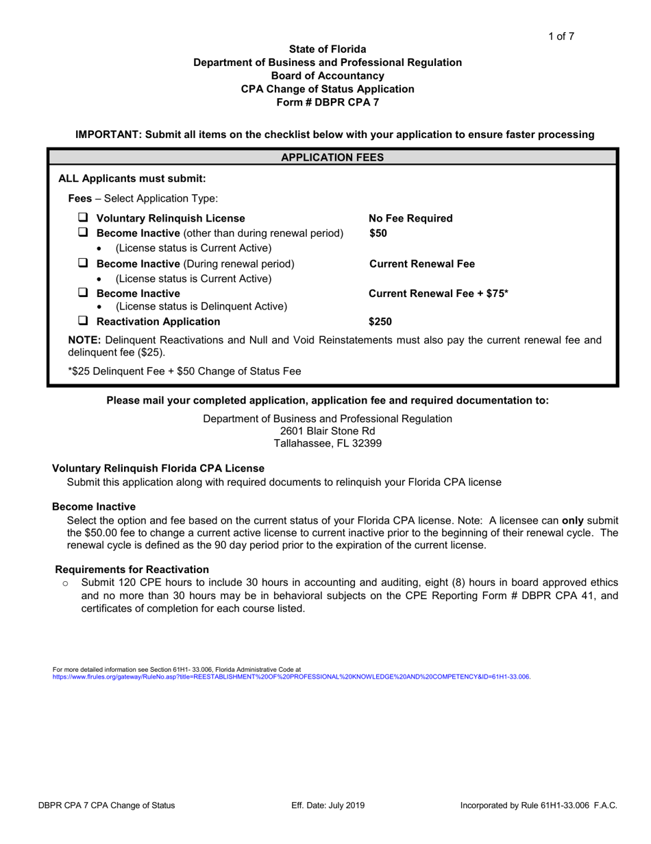 Form DBPR CPA7 - Fill Out, Sign Online and Download Printable PDF ...