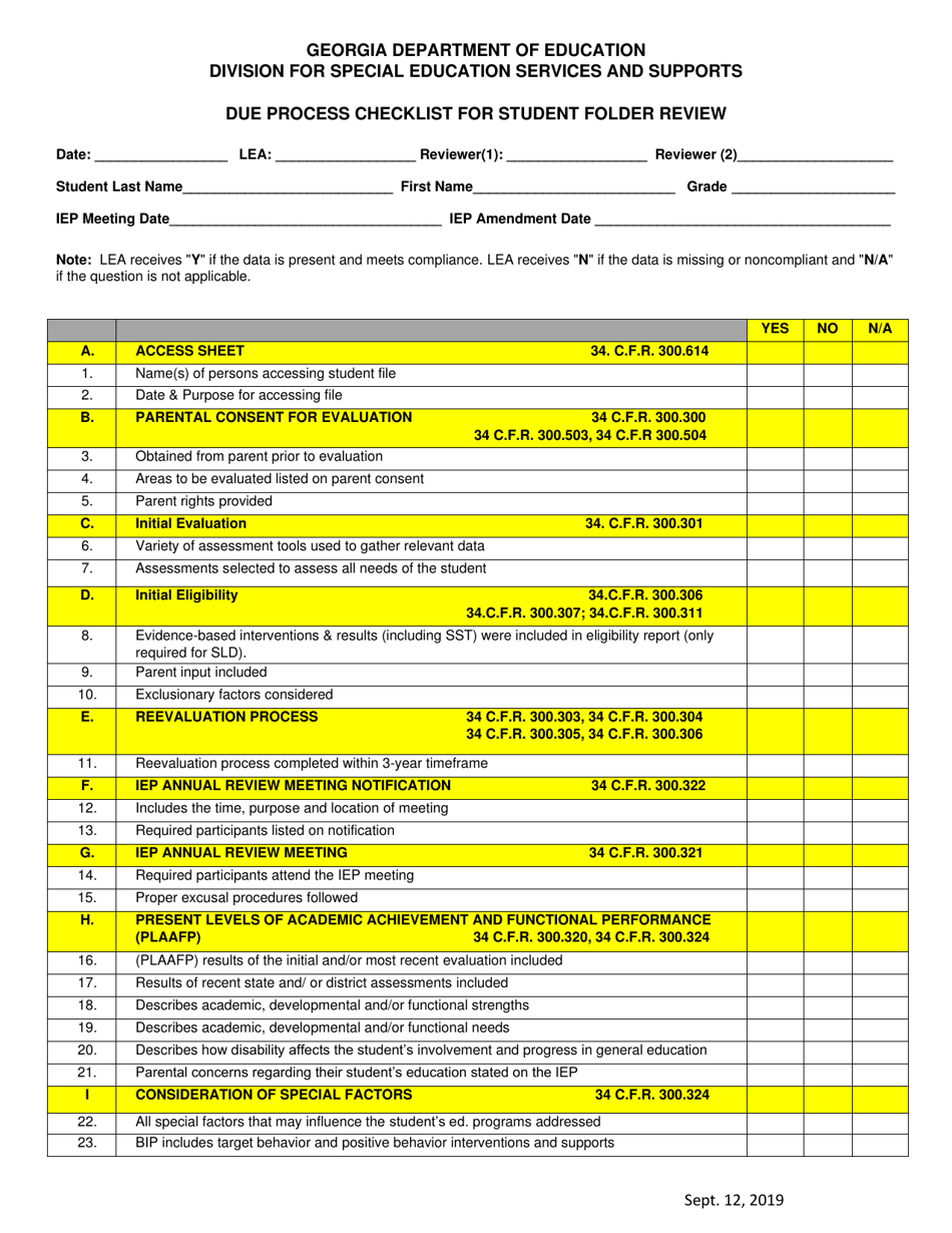 Georgia (United States) Due Process Checklist for Student Folder Review ...
