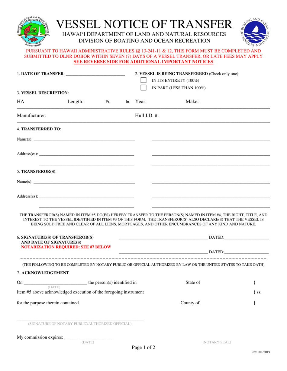 Hawaii Vessel Notice of Transfer - Fill Out, Sign Online and Download ...
