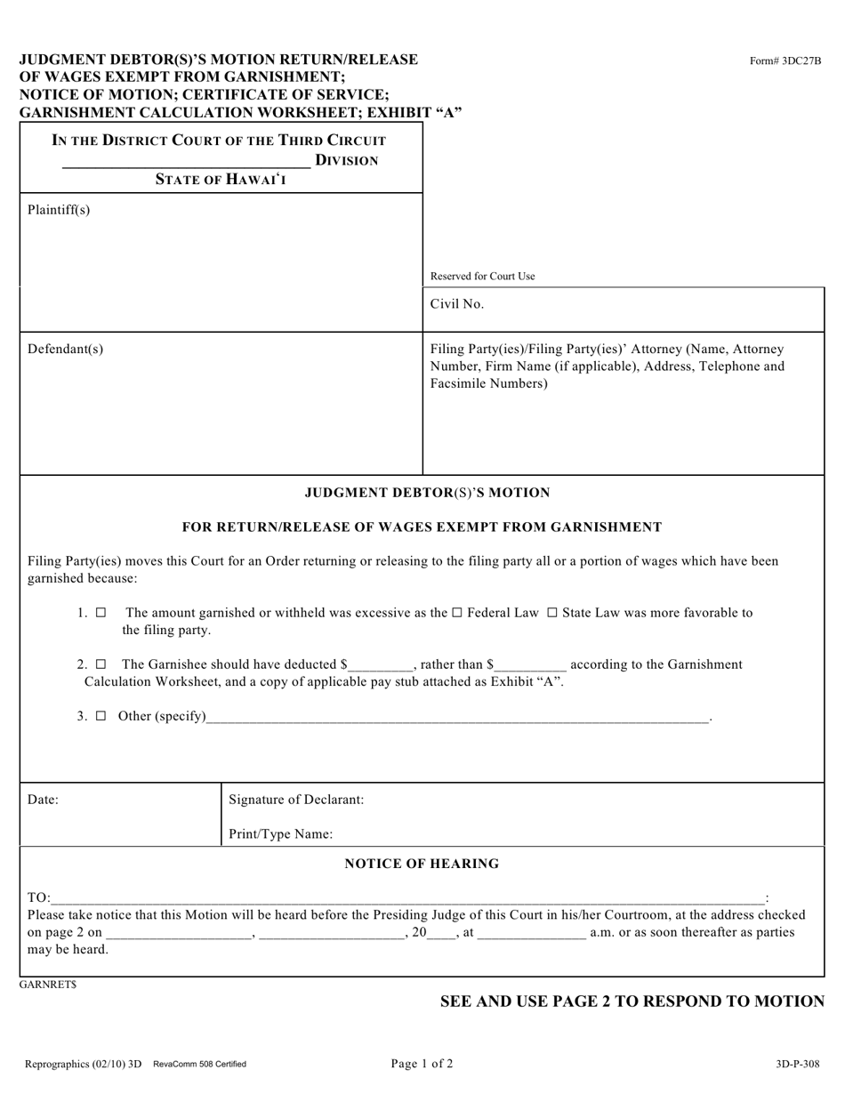 Form 3DC27B - Fill Out, Sign Online and Download Fillable PDF, Hawaii ...