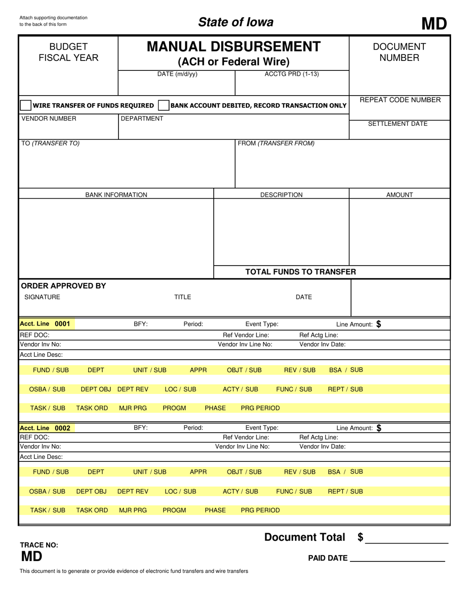 Iowa Manual Disbursement (ACH or Federal Wire) - Fill Out, Sign Online ...