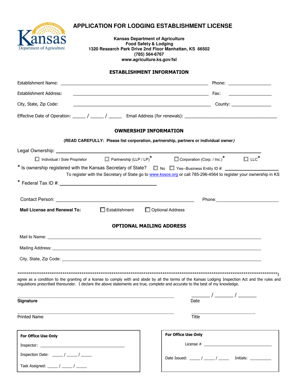 Kansas Application for Lodging Establishment License Download Fillable PDF | Templateroller