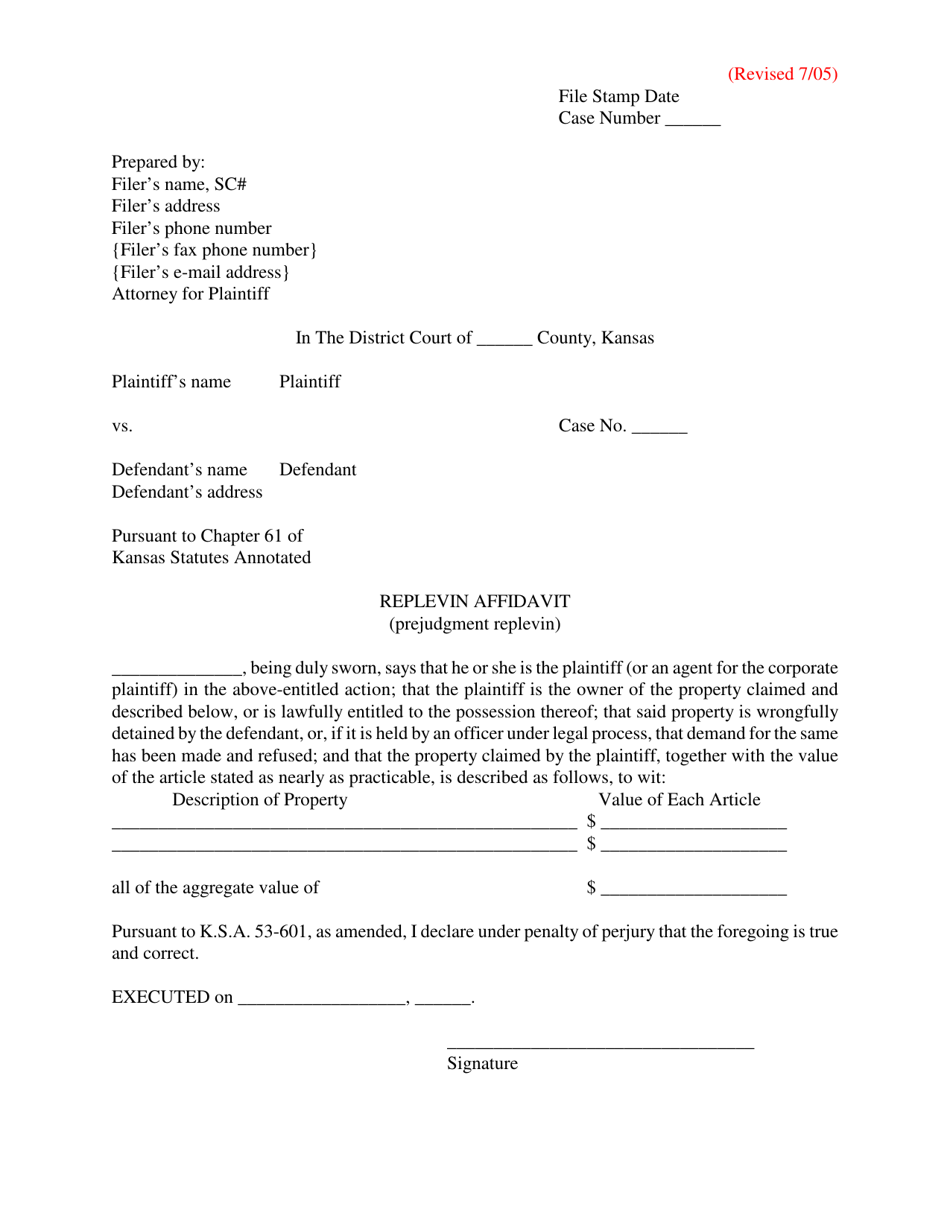 Kansas Replevin Affidavit (Prejudgment Replevin) - Fill Out, Sign ...